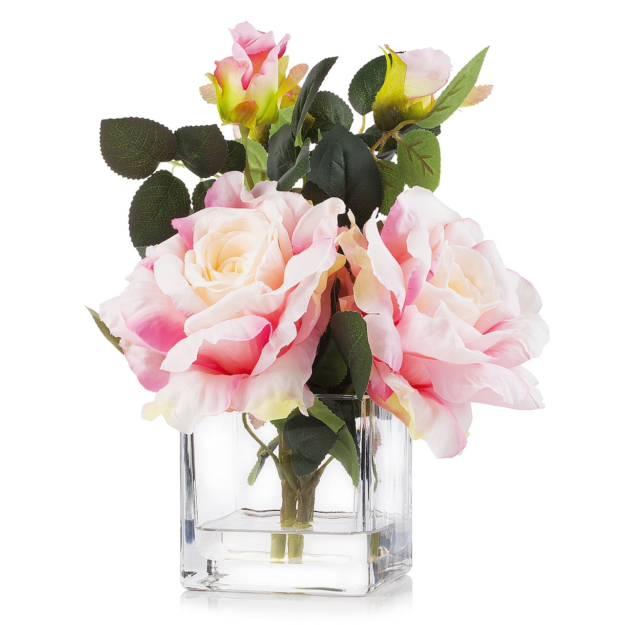 Enova Home Artificial 3 Large Silk Roses Flowers Arrangement in Clear ...