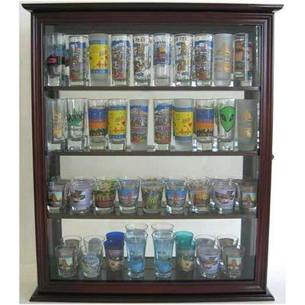 Tall Shooterhard Rock Souvenir Shot Glass Display Case With Glass Door Mirror Back In Mahogany