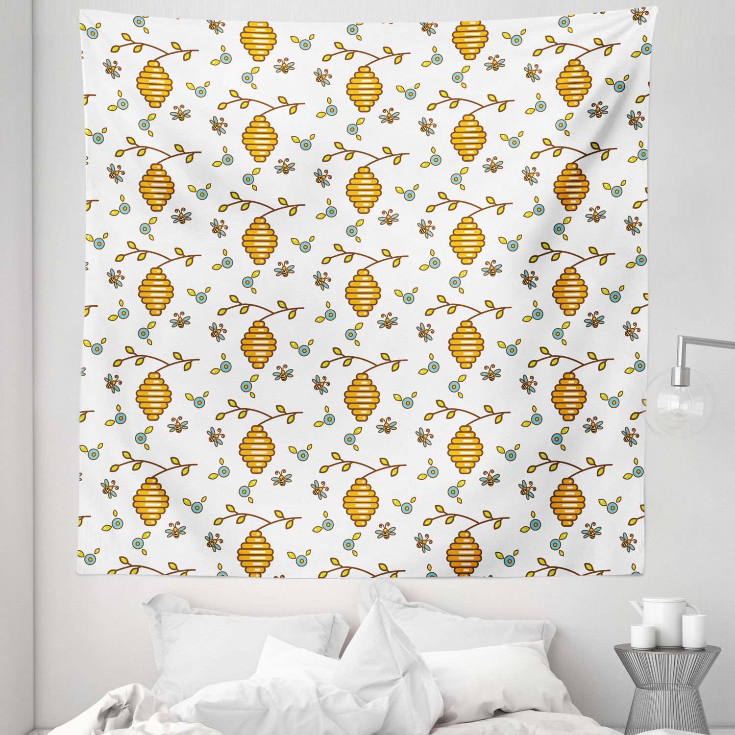 Bee Tapestry, Graphic Illustration of Vespiary Flowers Petals and Bees ...