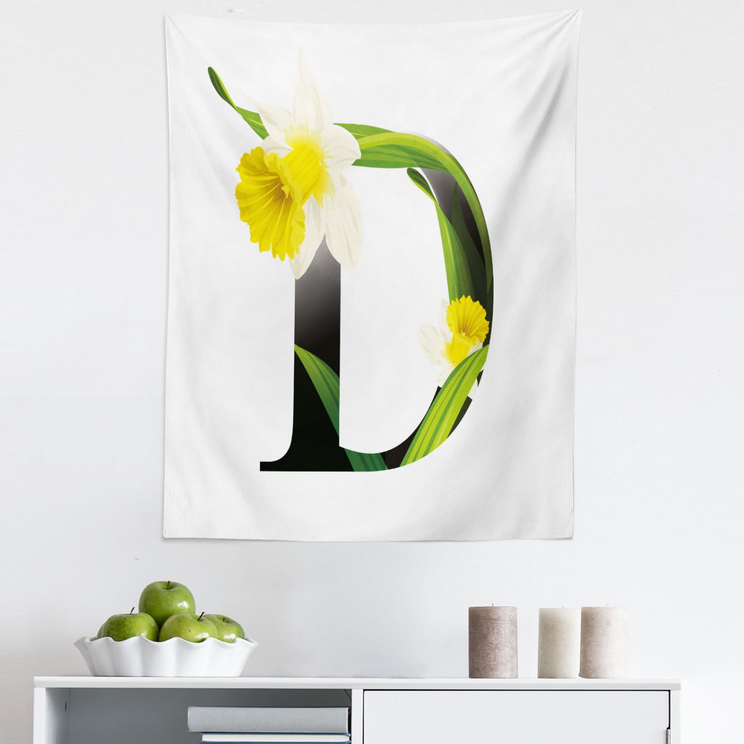 Letter D Tapestry, Black D Silhouette Entangled with Growing Daffodils ...