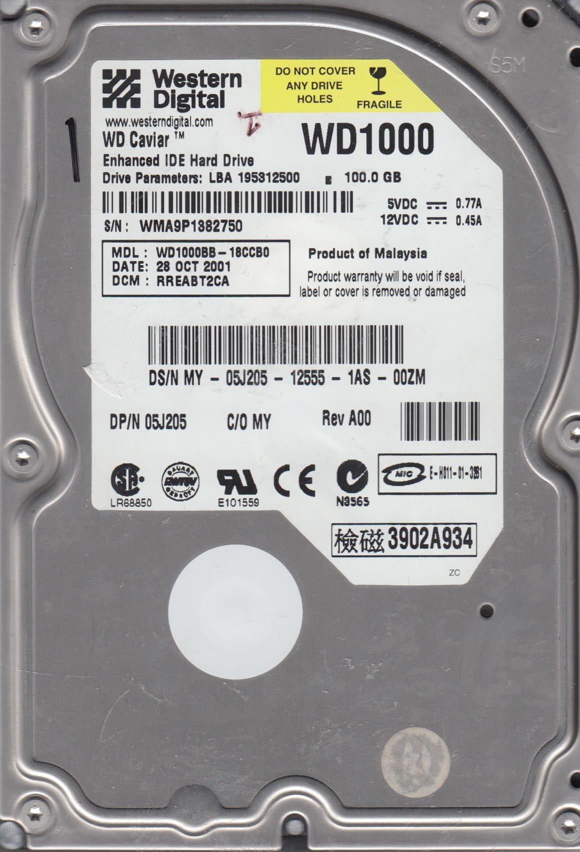 WD1000BB-18CCB0, DCM RREABT2CA, Western Digital 100GB IDE 3.5 Hard ...