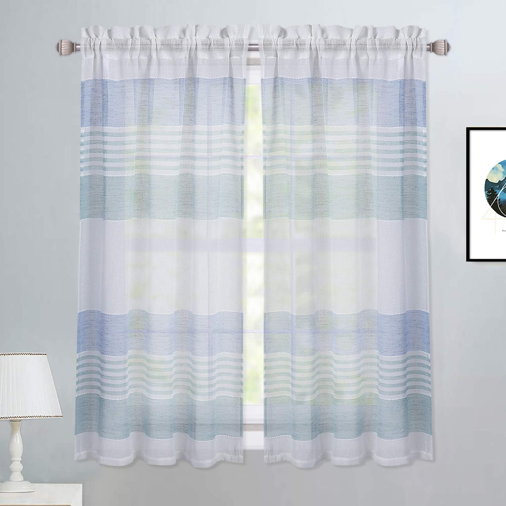 Kitsin Kitchen Sheer Curtains, Splicing Striped Design Linen Textured ...