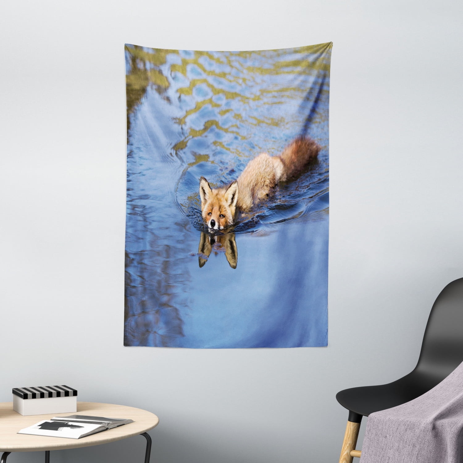 Fox Tapestry, Cute Fox Swimming in Blue River Natural Life Mammal Wild ...