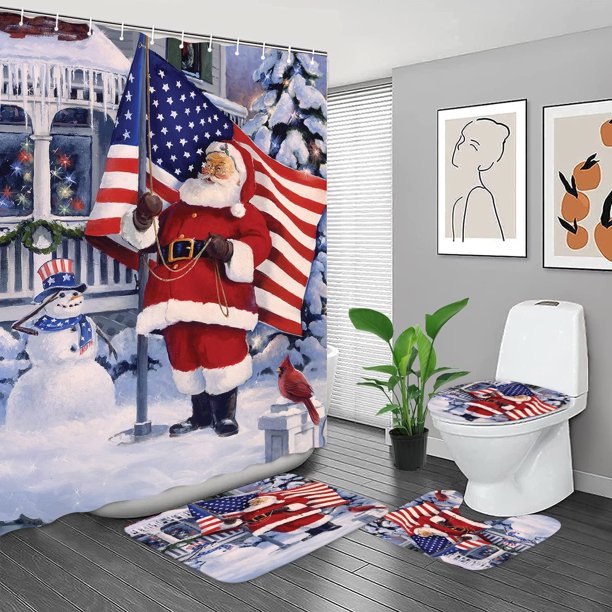 RYLABLUE Cute Santa ClausSnowman 4 Piece Bathroom Set Shower Curtain ...