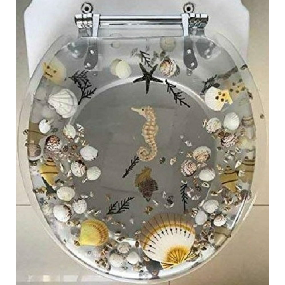 JEWEL SHELL SEASHELL AND SEAHORSE RESIN TOILET SEAT, CHROME HINGES ...