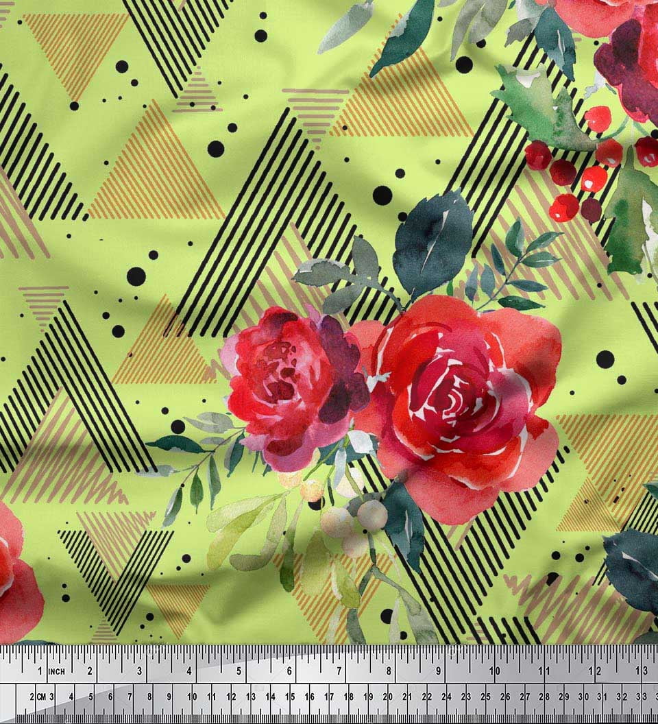 Soimoi Green Silk Fabric Geometric,Leaves & Begonia Floral Print Fabric ...