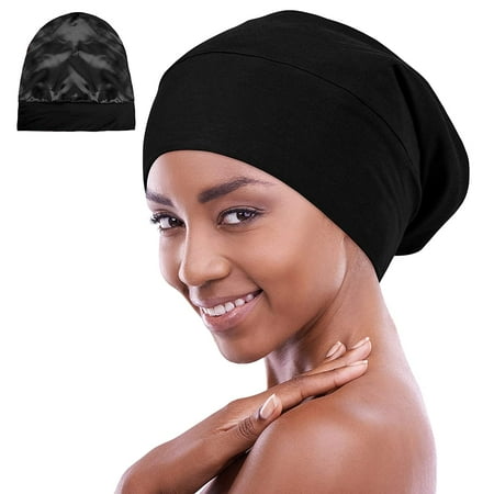 Slap Cap Satin Lined Sleep Cap Beanie Warm Slouchy Silk Hair Wrap for Sleeping Dull Black ...