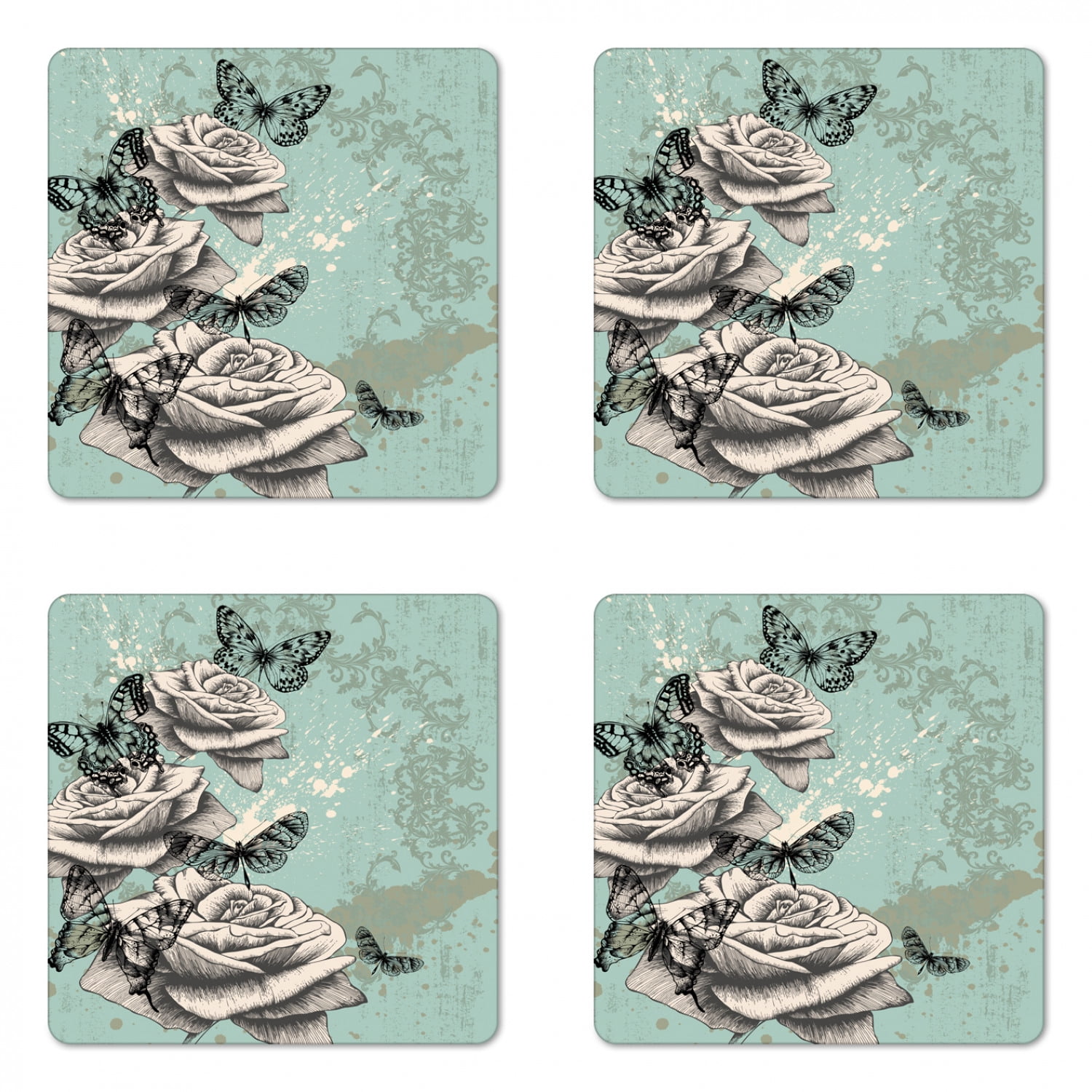 Rose Coaster Set of 4, Grunge Composition with Hand Drawing Style Roses ...
