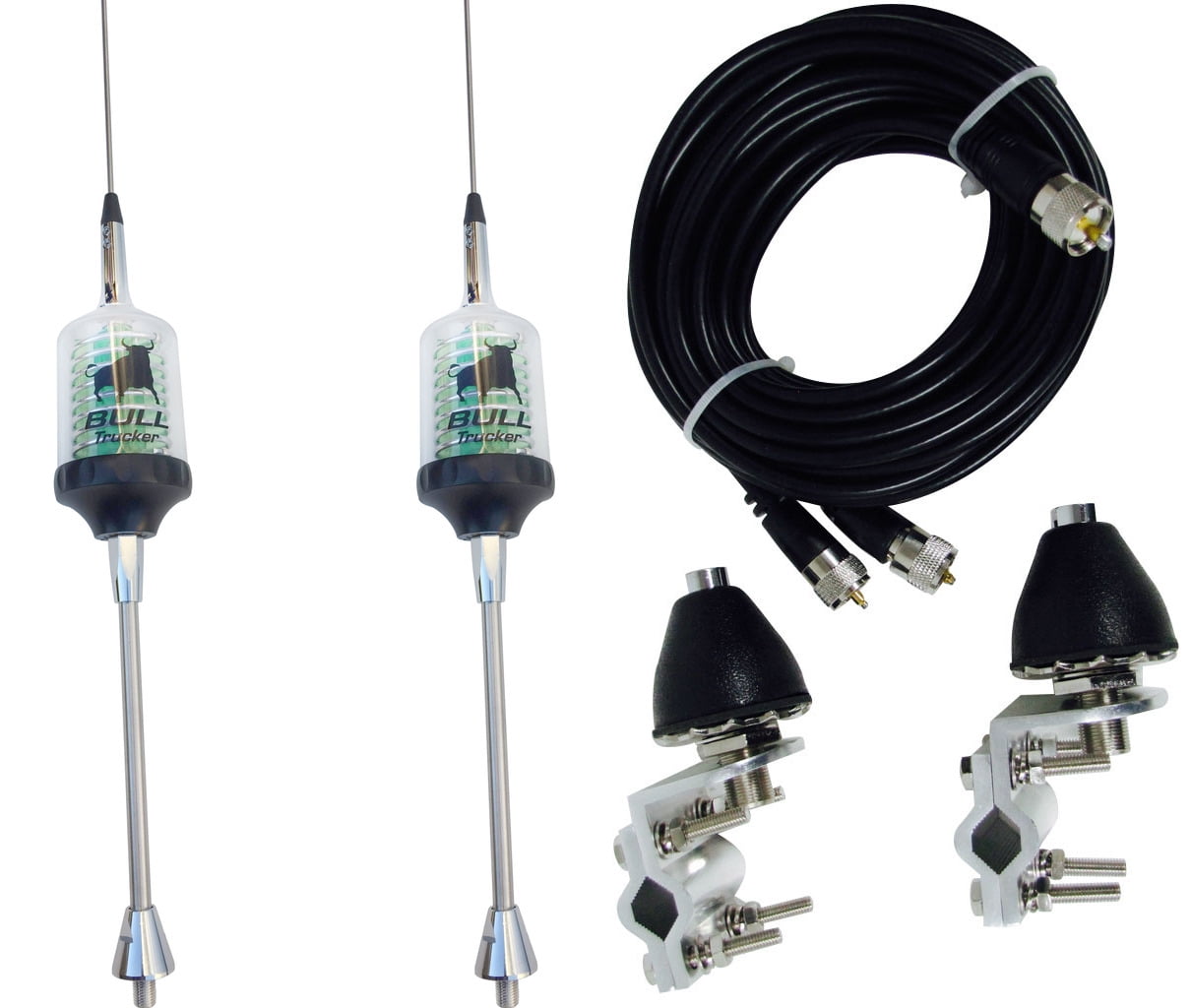 Combo: Dual Sirio Bull 3000 3/8 LED Trucker Antenna, COAX, BRACKETS ...