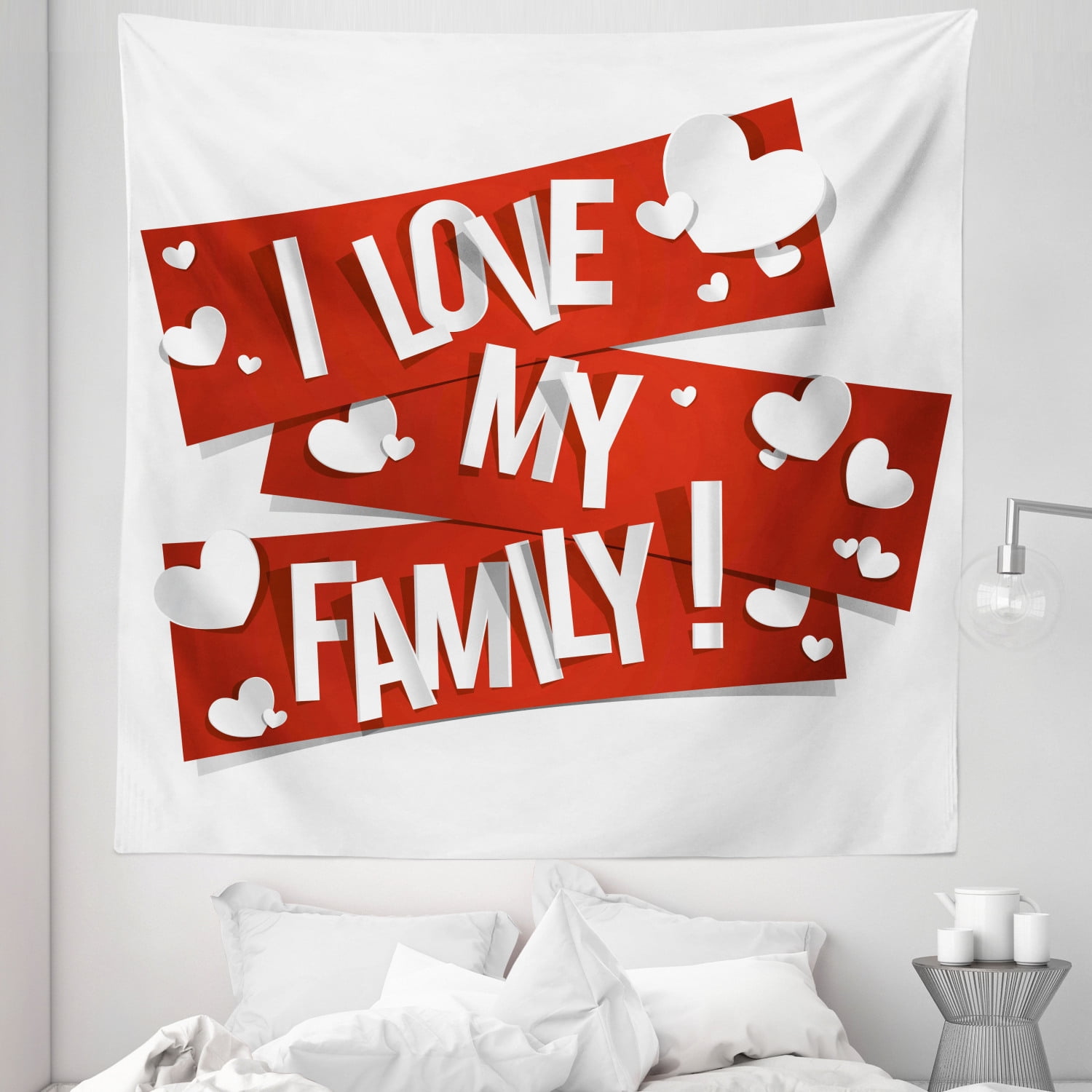 Family Tapestry, Red Banners with Family Love Message and White Hearts ...