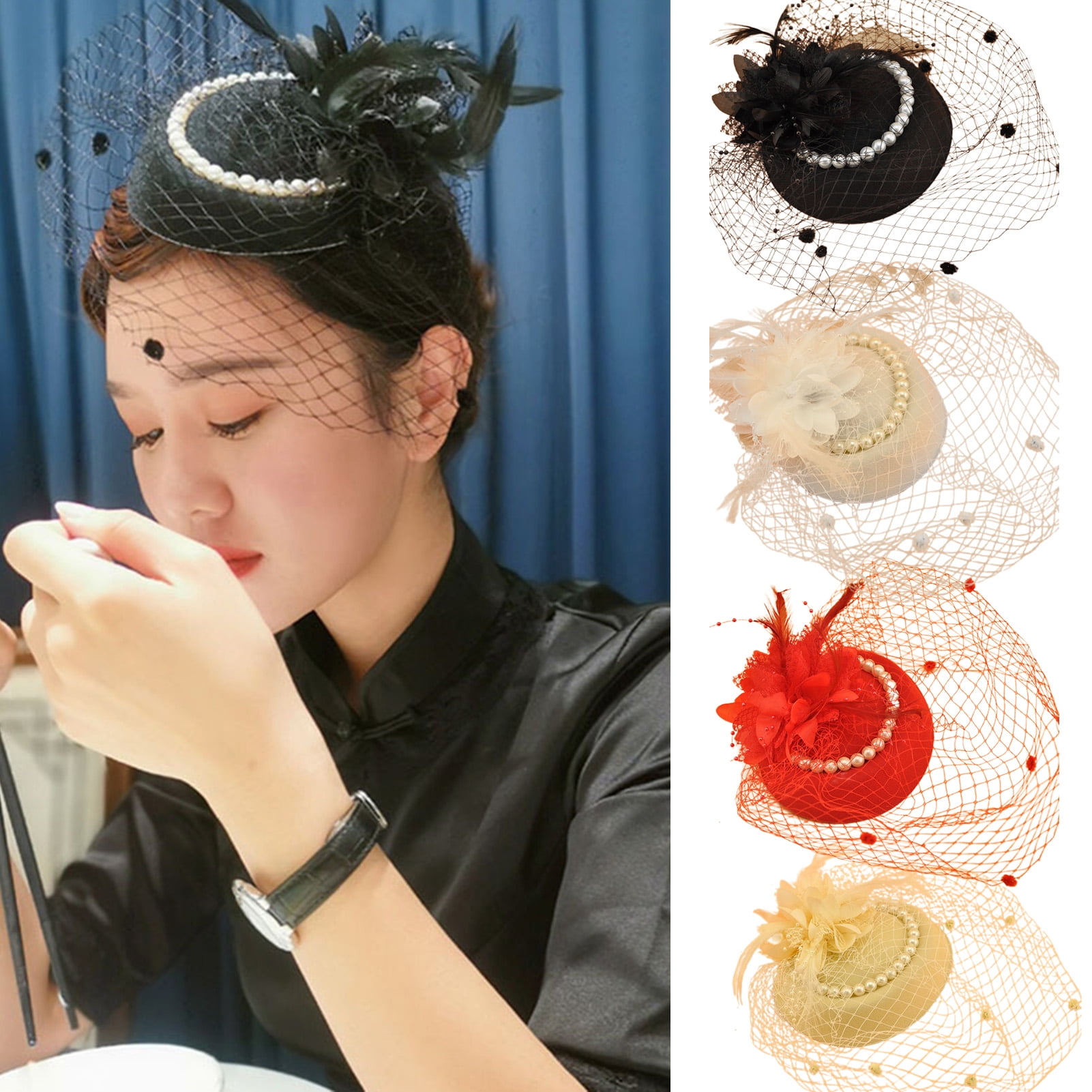 rygai Women Felt Hat Solid Color Fishnet Fine Workmanship Veil Faux ...