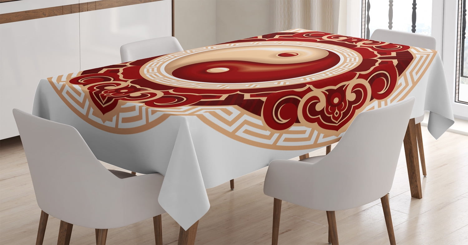 Ying Yang Decor Tablecloth, Traditional Asian Symbol with Floral ...