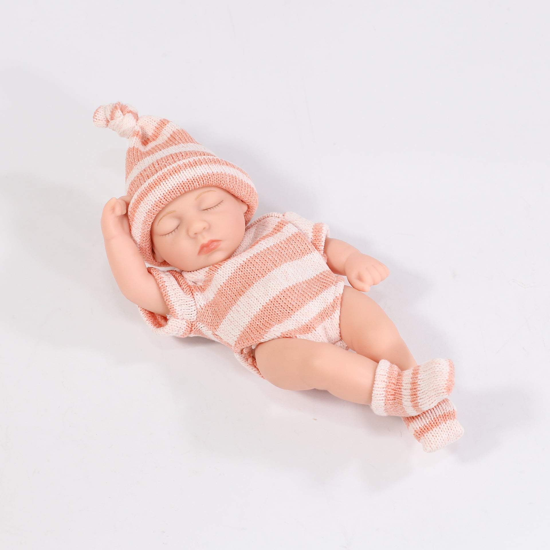 Junsice Baby Dolls 7 Inch Mini Realistic Newborn Baby Boy Doll With Clothes Hat Socks Lifelike Reborn Doll Silicon Full Body Pink And White Stripe