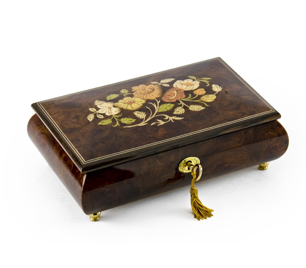 Gorgeous 18 Note Dark Natural Wood Tone Floral Inlay Musical Jewelry ...