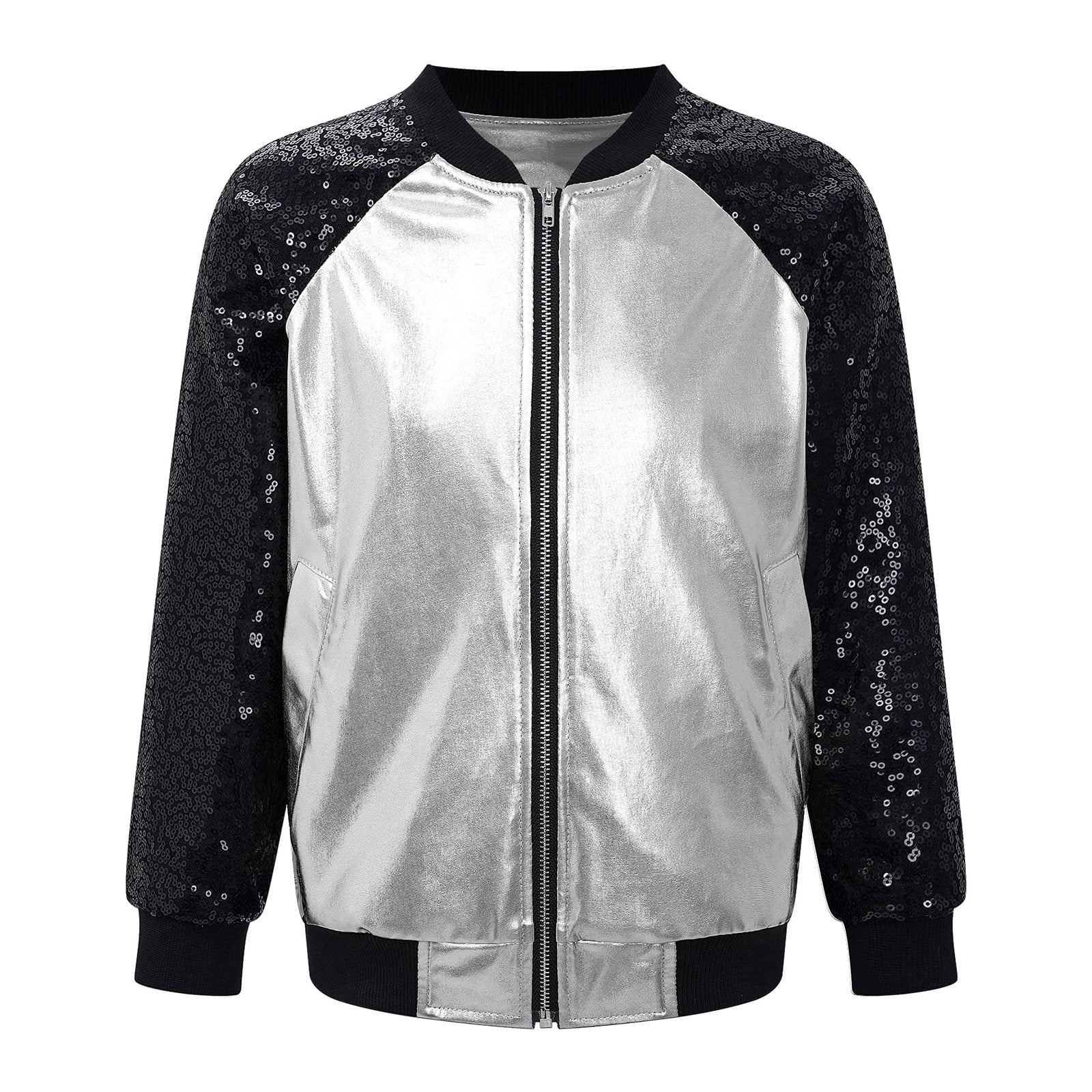 YONGHS Girls Sequins Metallic Zip Up Bomber Jacket Shiny Flight Jacket ...