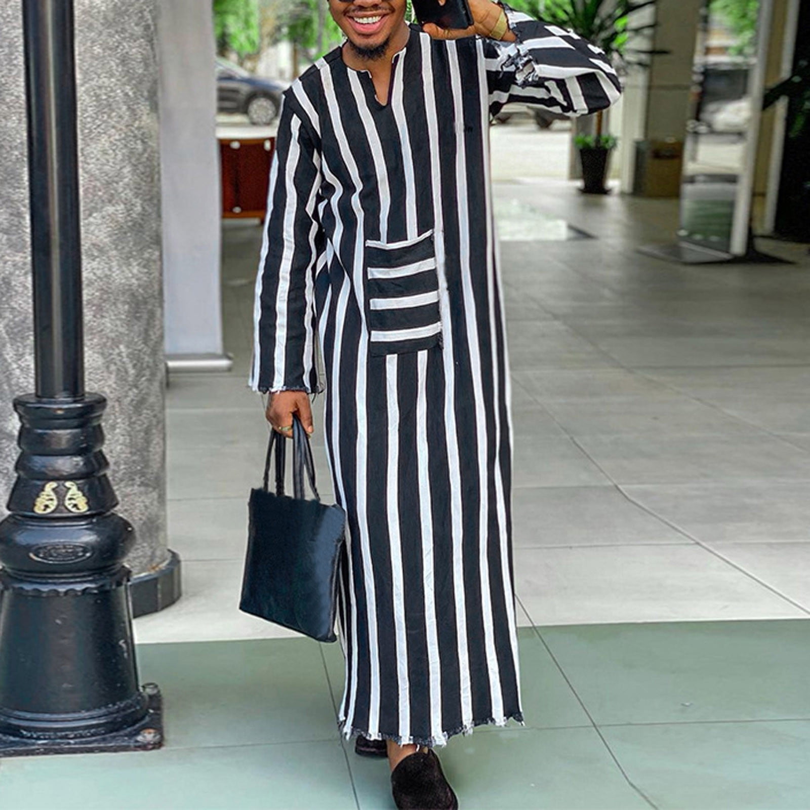 IROINNID On Sale Men's Muslim Robe With Edges Black White Stripes Long ...