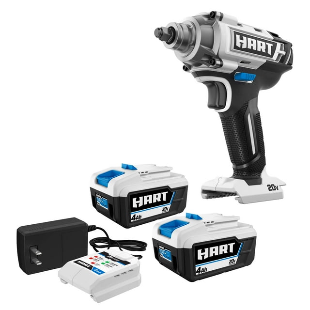 HART 20-Volt 2-Pack 4Ah and Charger Starter Kit and Impact Wrench ...