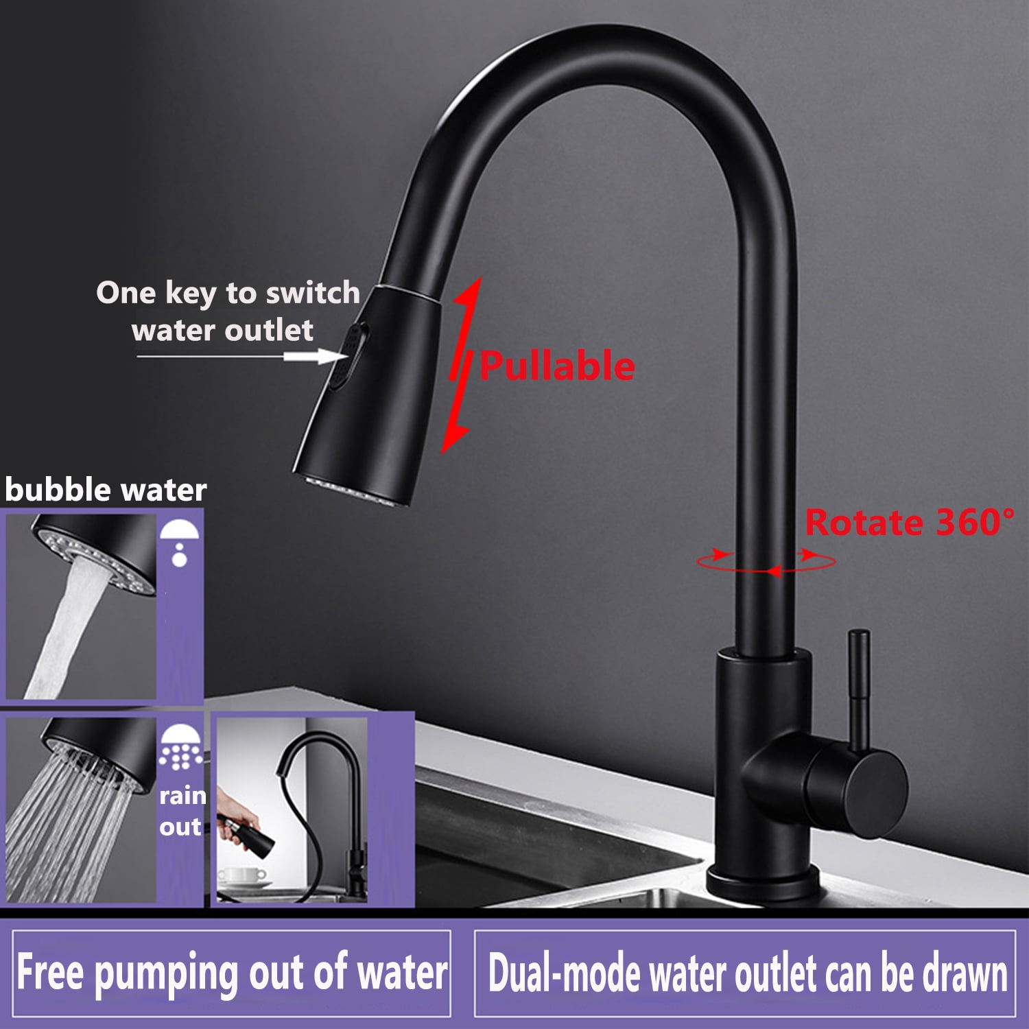 TASHHAR Kitchen Faucet with Pull Down Sprayer Multifunctional Stainless ...