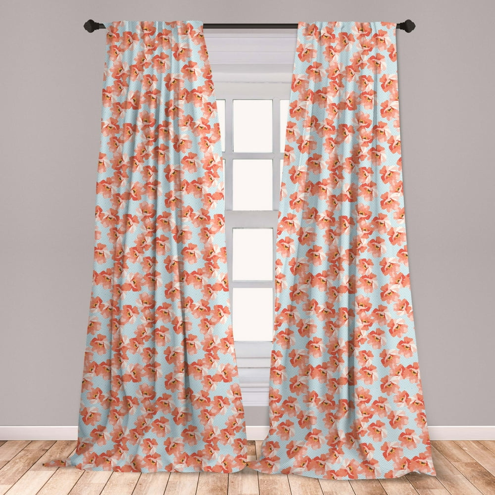 Coral Curtains 2 Panels Set, Soft Pastel Poppy Flowers on Chevron ...