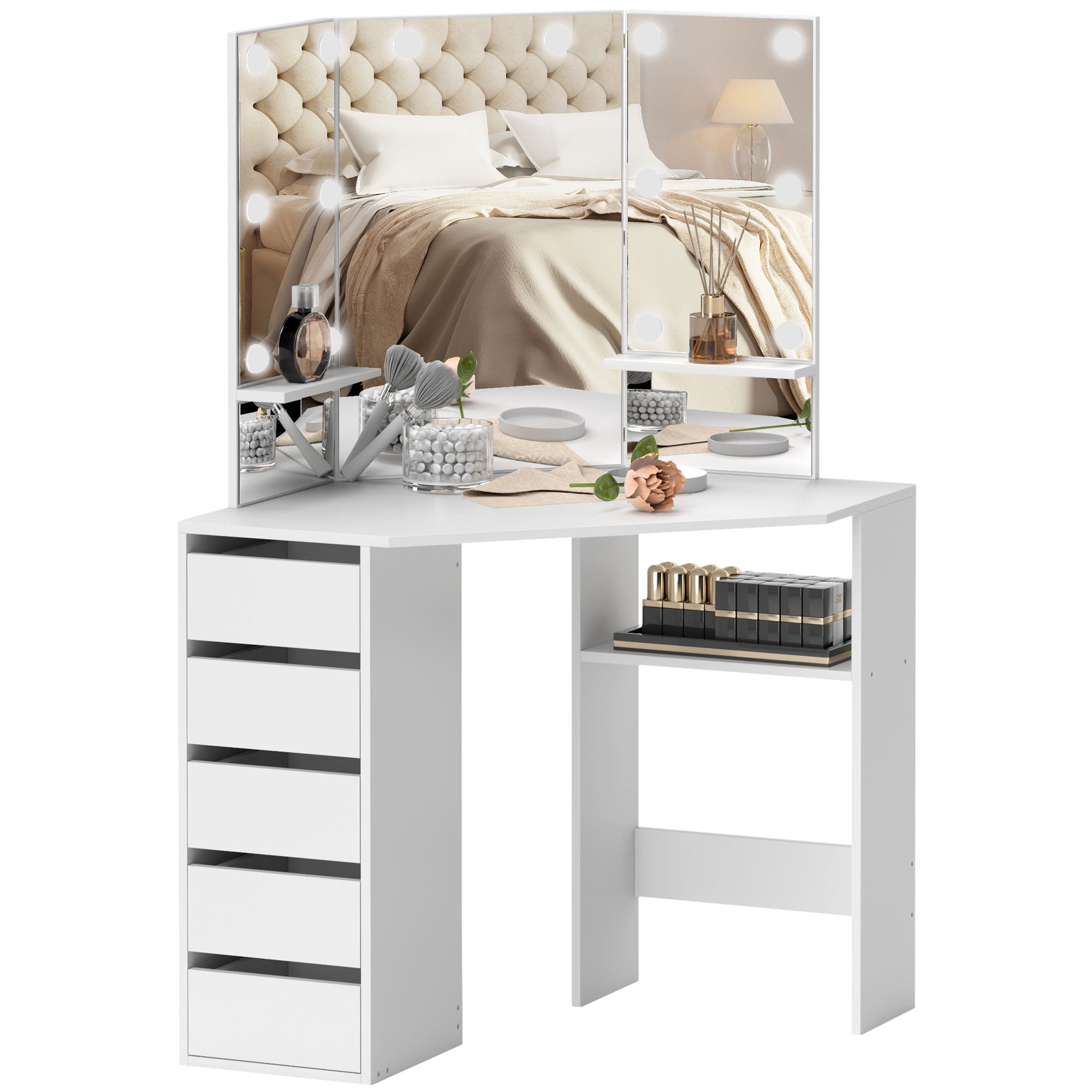HOMCOM Makeup Vanity Desk with 3 Mirrors, Lighted Dressing Table, White ...