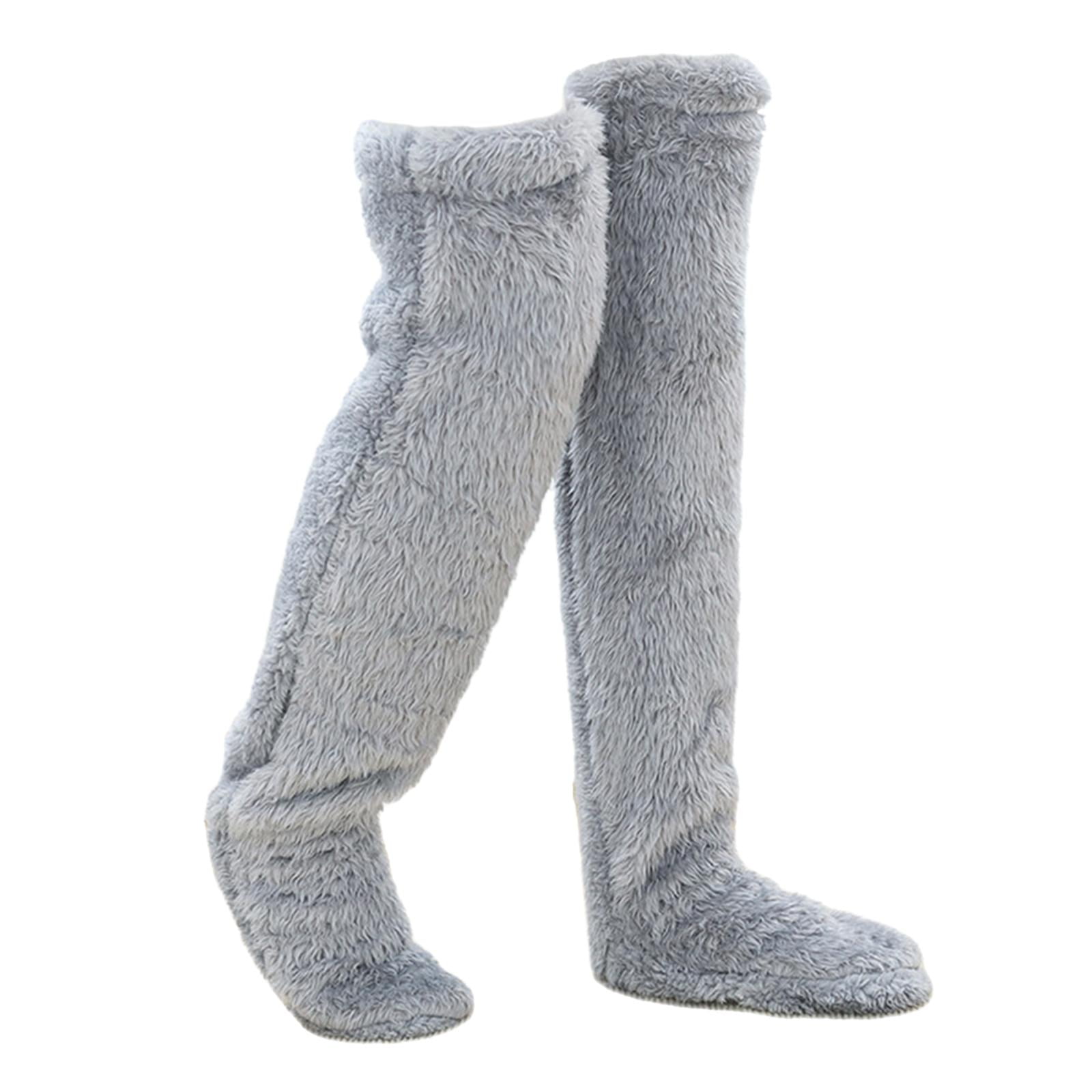 over Knee High Fuzzy Socks Boot Socks for Women Plush Slipper Stockings 90cm Gray