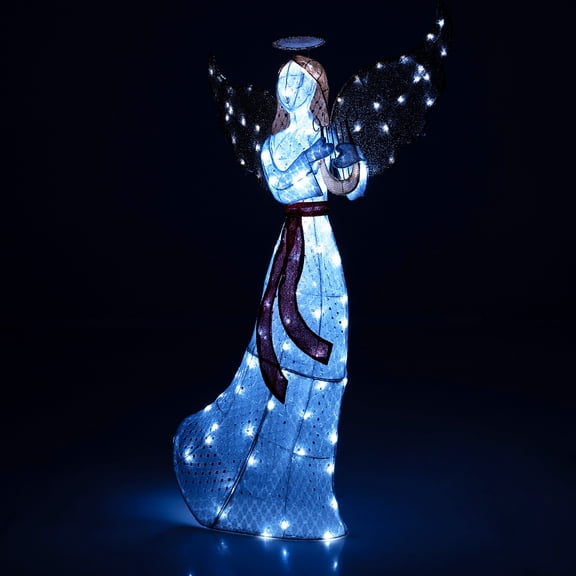 Costway 5.2 FT Lighted Angel with Halo & Bow Zip Ties & Ground Stakes ...
