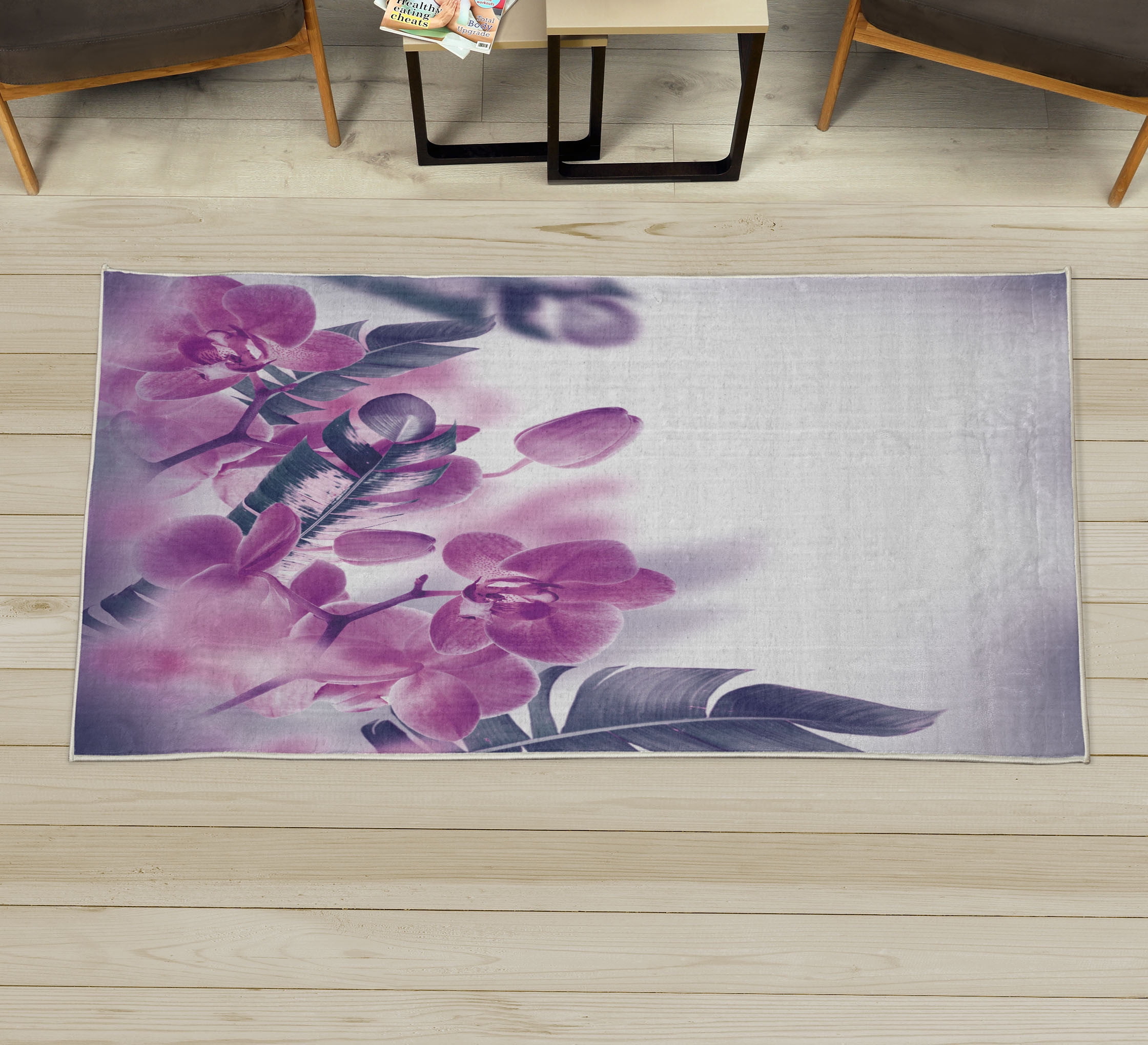 Tropical Decorative Rug, Exotic Orchids Blossom Leaves on Blurred ...