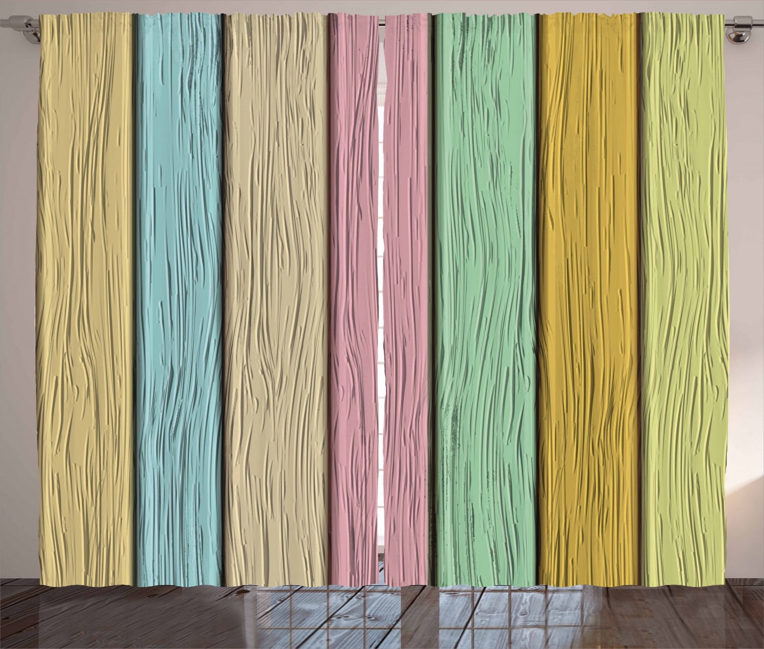 Pastel Curtains 2 Panels Set, Colorful Old Wooden Planks Timber Texture ...