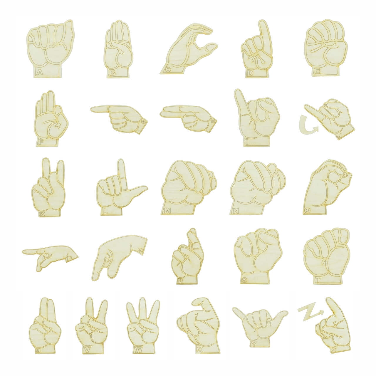 Unfinished American Sign Language Alphabet Detailed Wood Cutouts (1/8 ...