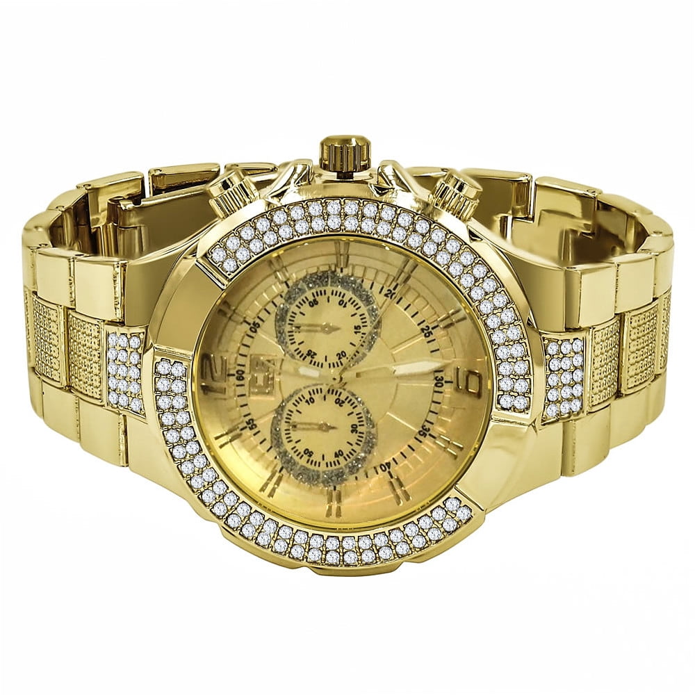 Iced Out Mens Watch 14K Yellow Gold Finish Simulated Diamond Ice Master ...