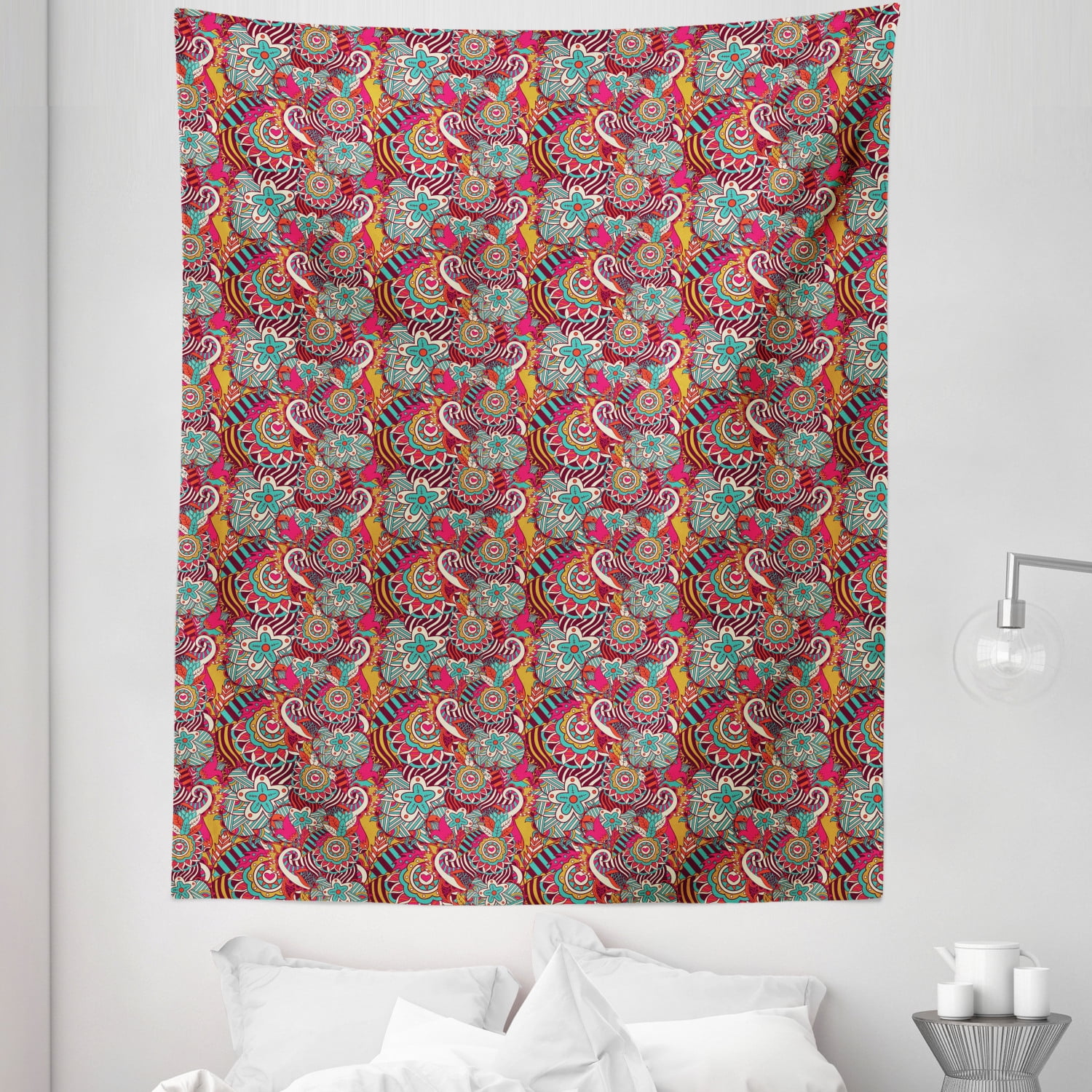 Colorful Tapestry, Hand Drawn Composition with Flowers Stars and Hearts ...