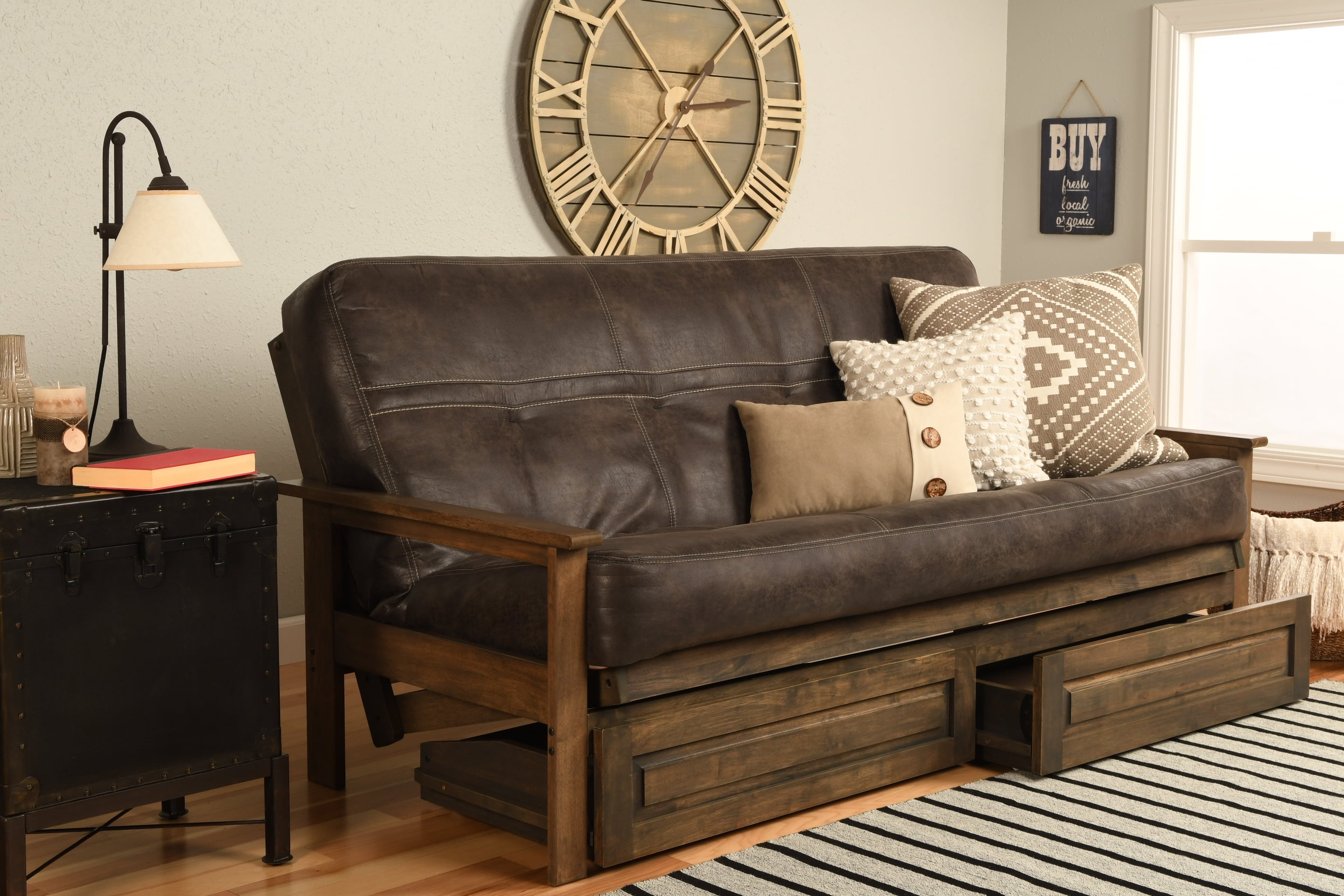 Albany Futon with storage in Rustic Walnut Finish, Multiple Colors ...