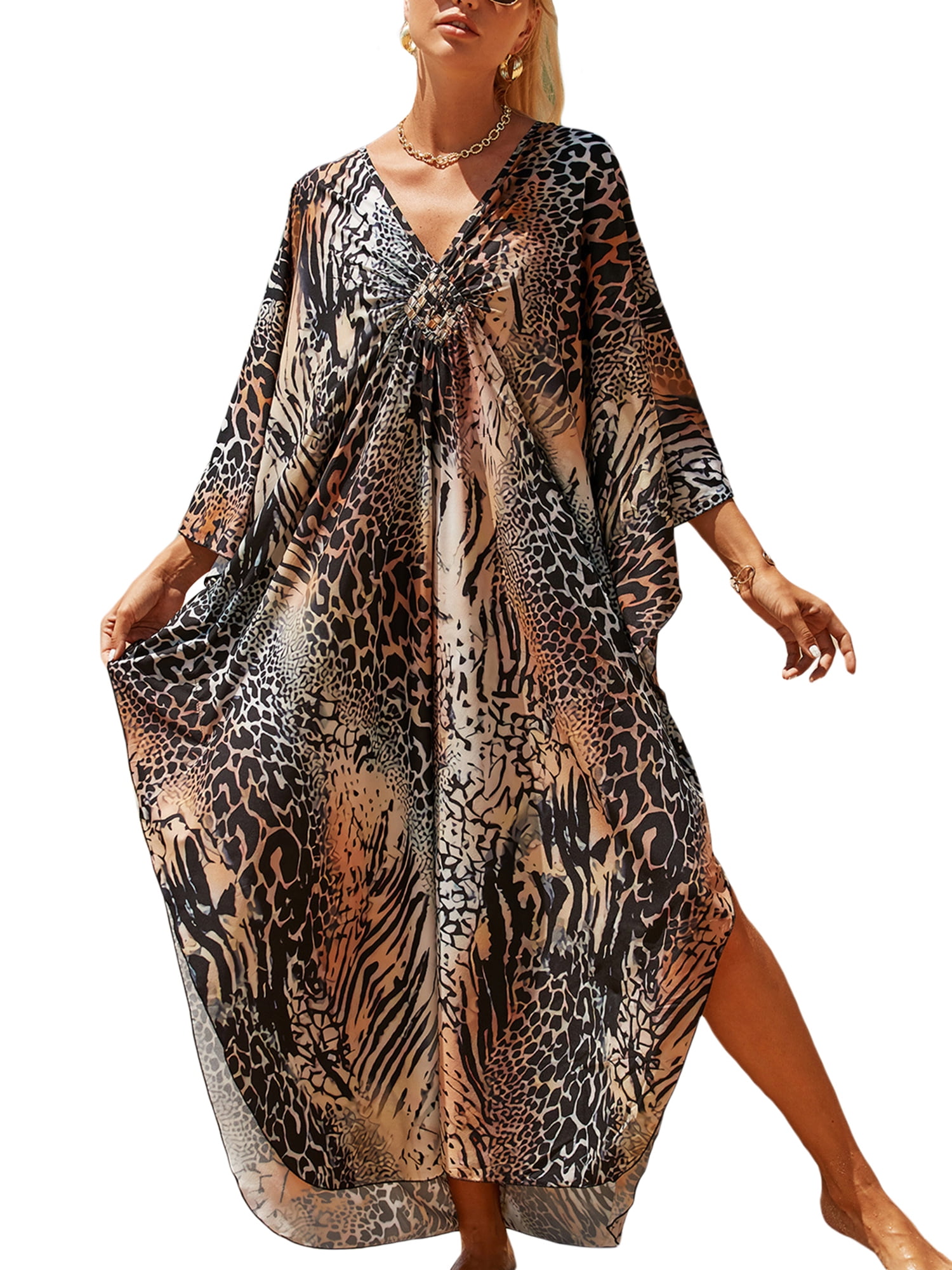 Liacowi Women Loose Swimsuit Cover Up Zebra Leopard Print V-Neck Beach ...
