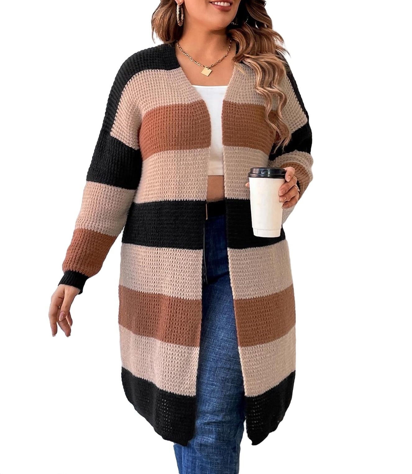 Casual Colorblock Coat Long Sleeve Multicolor Plus Size Cardigans ...