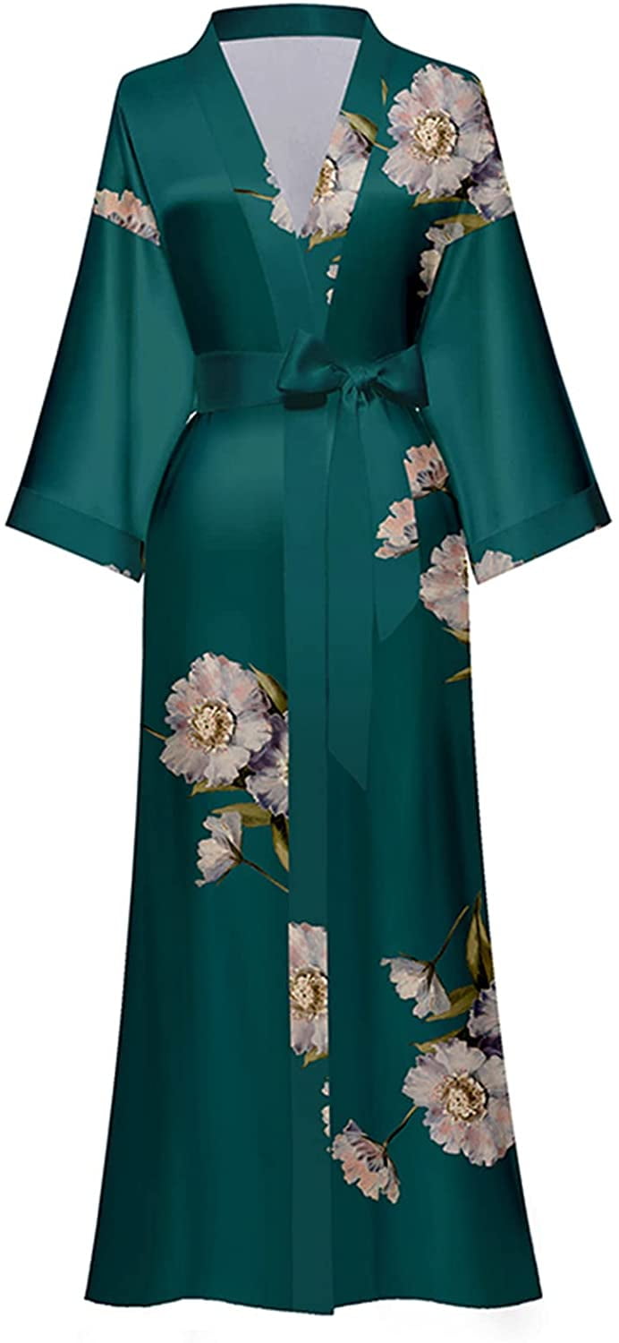 AMITOFO Long Silk Kimono Robes for Women Lightweight Silky Satin Floral ...