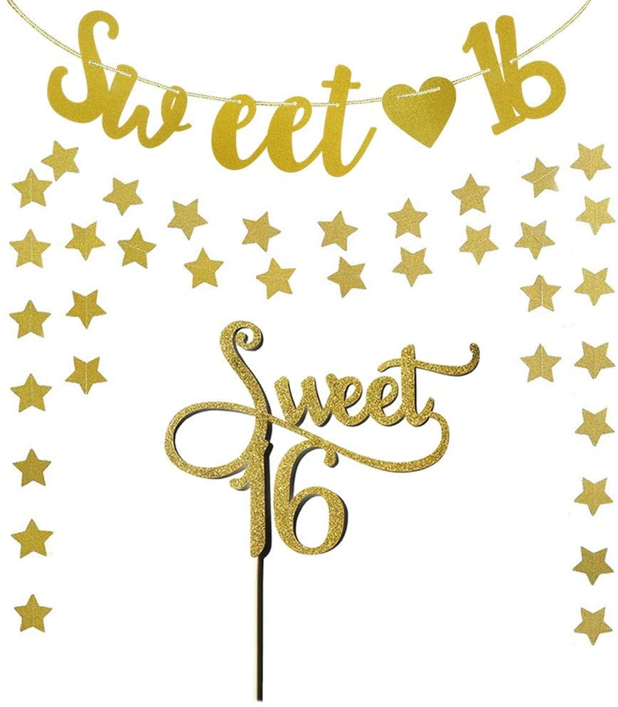 Gold Sweet 16 Monogram Banner Star Garland and Sweet 16 Cake Topper For ...
