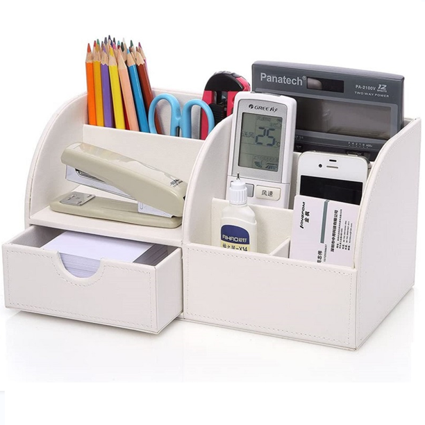 KINGFOM Desktop Drawers, PU Leather Pen Holder Desktop Organizer Office ...