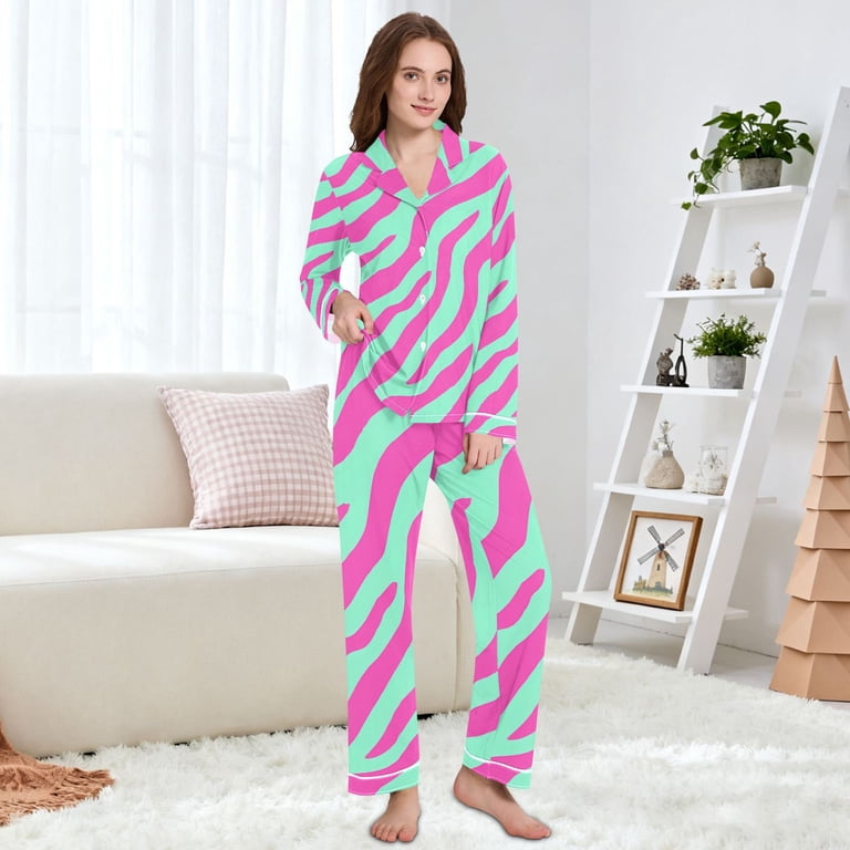 Blue Pink Zebra Pattern Women Pajama Set Soft Notch Collar Button Down ...