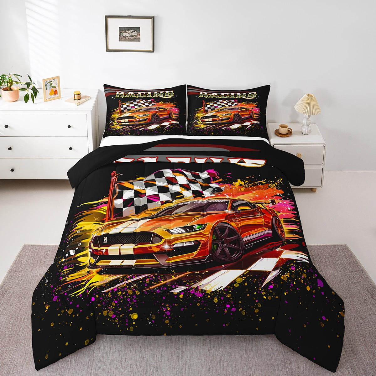 Click here for Yst Sports Car Comforter Set Full Orange Black Rac... prices