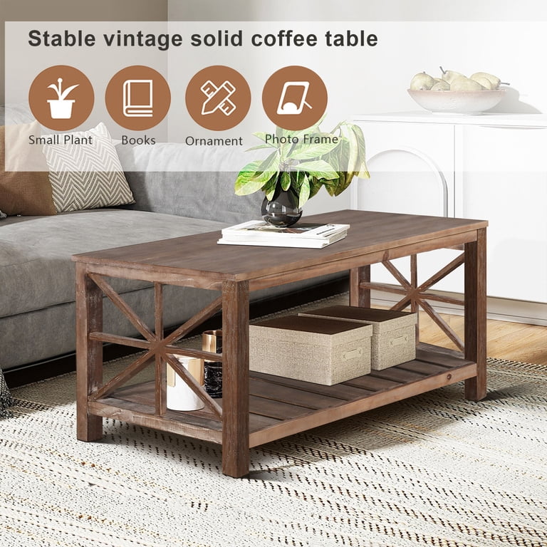 47 Inch Modern Farmhouse Double Drawer Coffee Table For Living Room Or