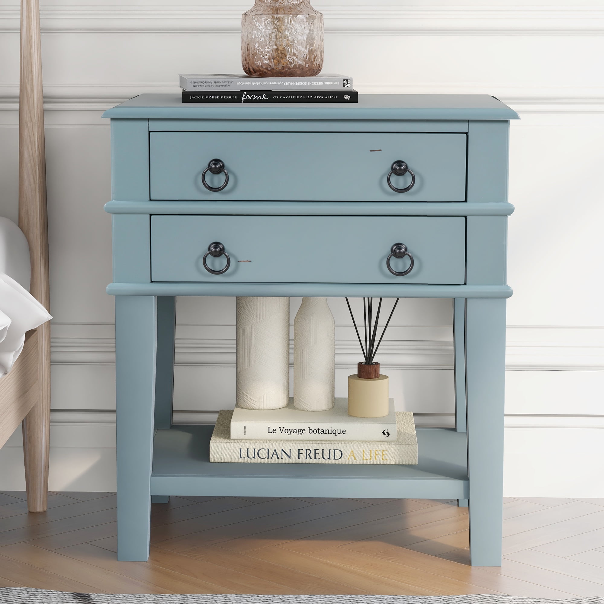 25" Tall Bedside Table Wooden Two Drawer Night Stand Chairside End ...