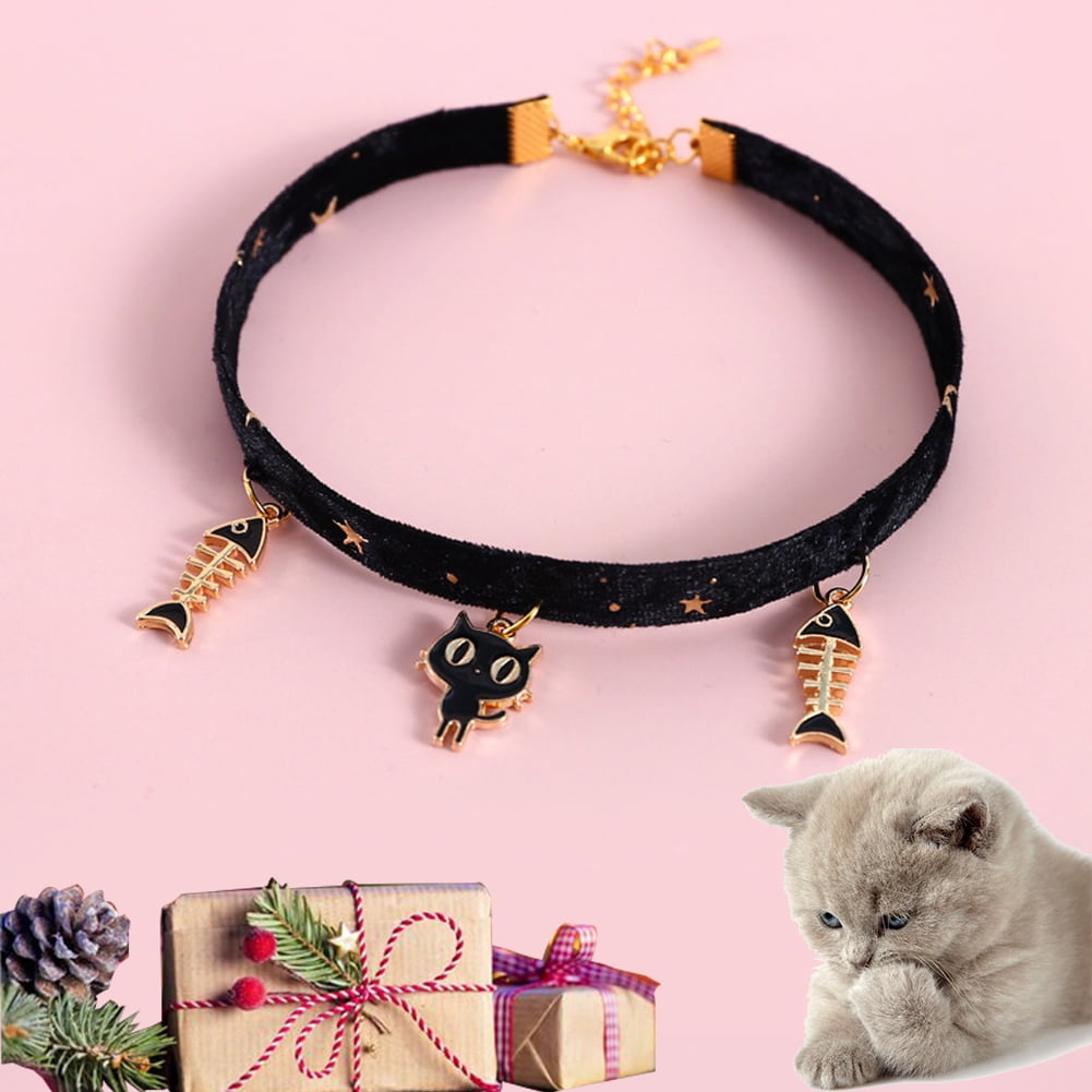 Feelers Velvet Cat Collar with Decorative Pendant & Bell (S, Black ...