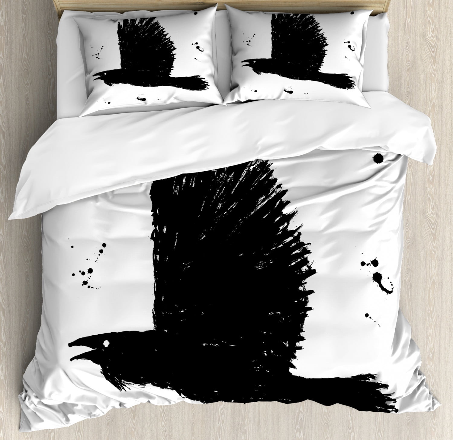 Black Crow Duvet Cover Set Queen Size, Grunge Hand Drawn Ink Sketch of ...