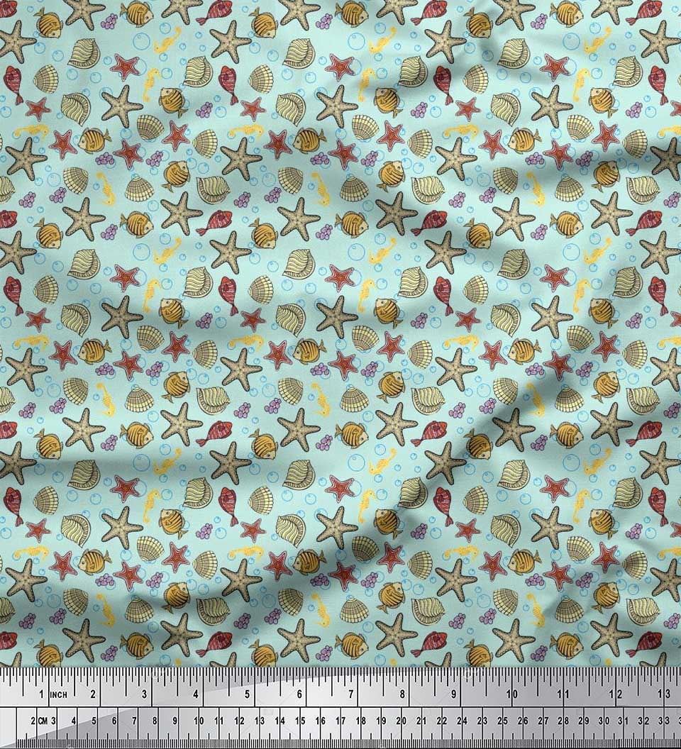Soimoi Satin Silk Fabric Seashell,Starfish & Sea Horse Ocean Print ...