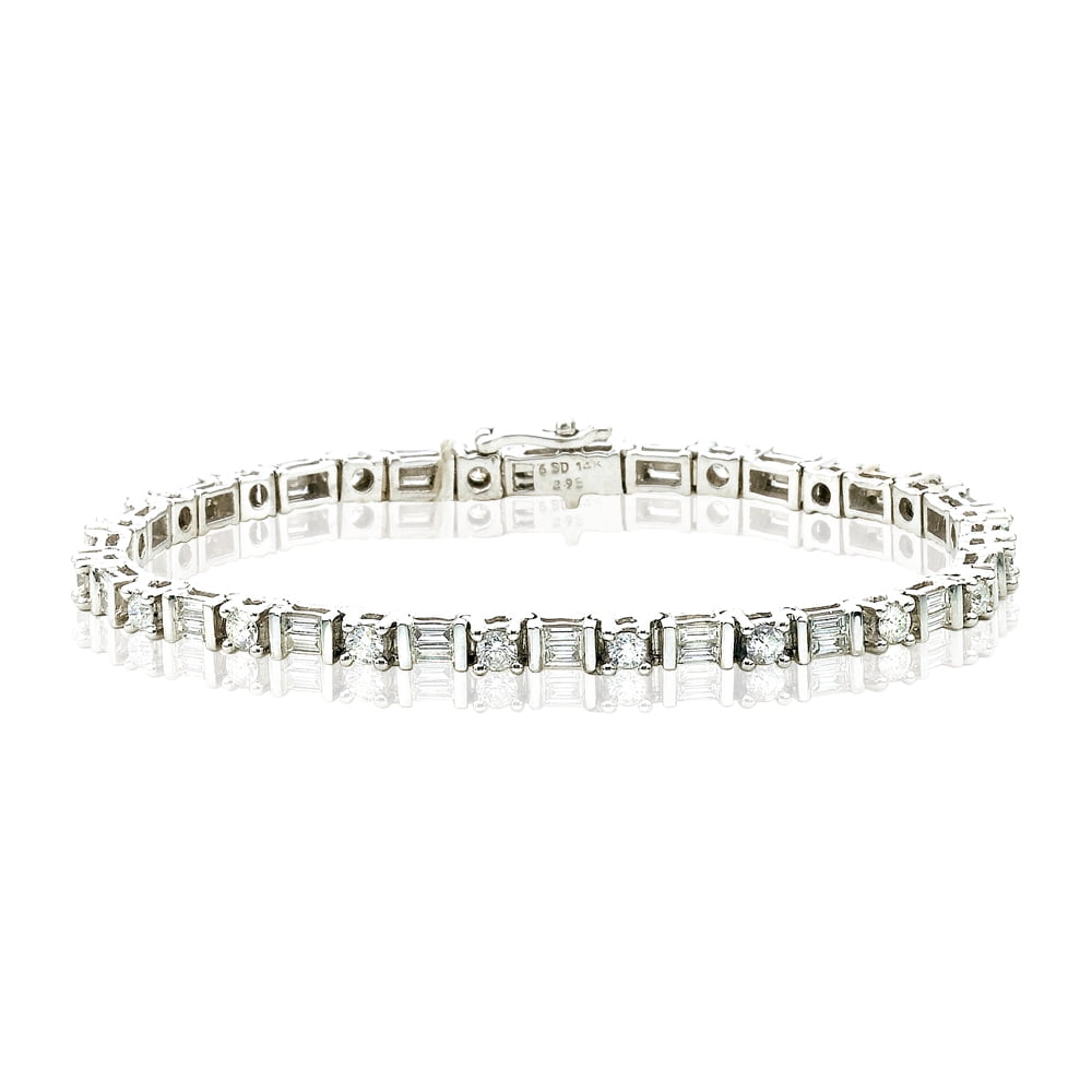 Round And Baguette Cut Diamond Tennis Bracelet In 14k White Gold 3