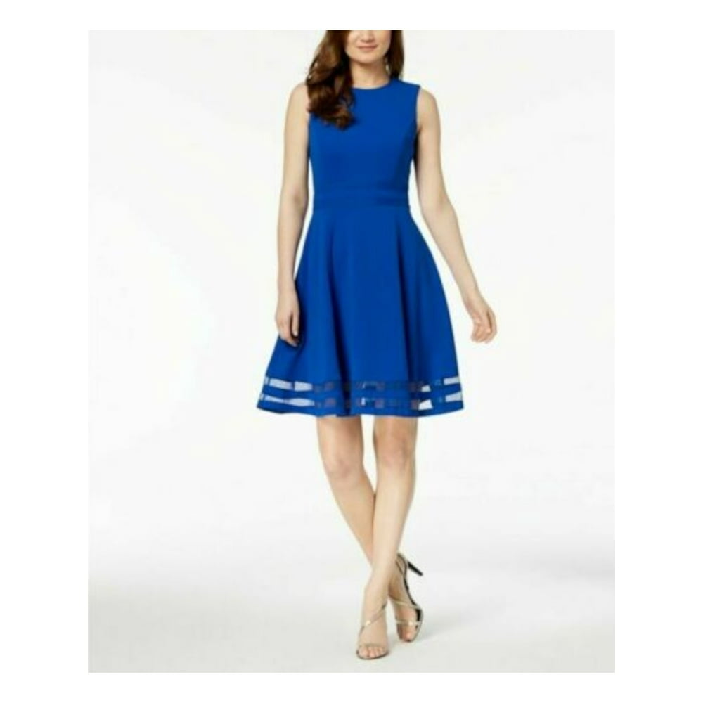 Calvin Klein Calvin Klein Womens Blue Sleeveless Jewel Neck Knee