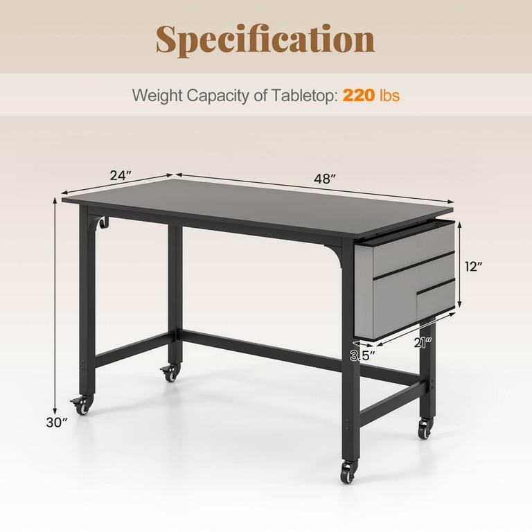 Costway Wood Top Metal Frame Rolling Computer Desk Laptop Table Black
