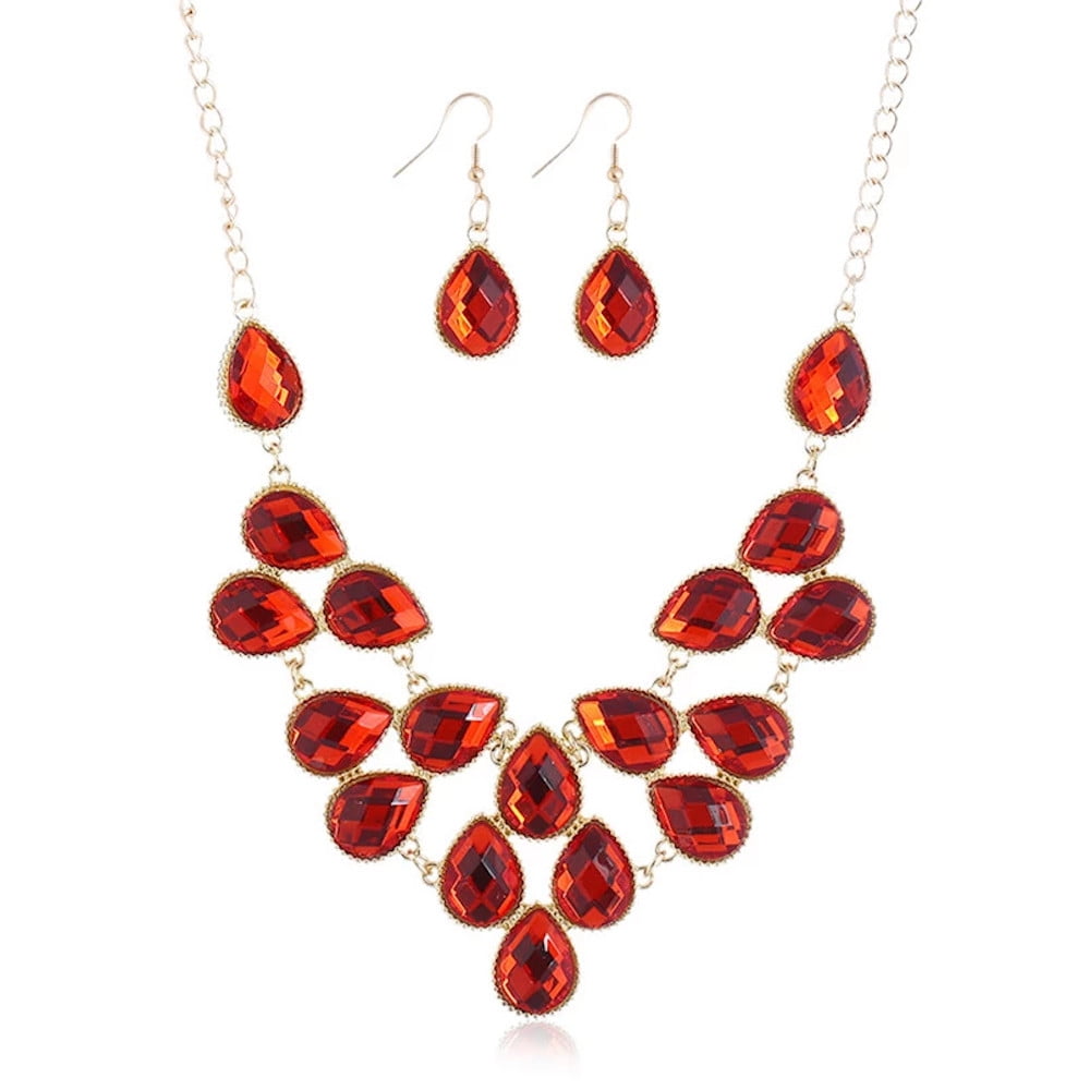 Stunning Shiny Red Stone Crystal Bib Choker Necklace & Drop Earrings ...