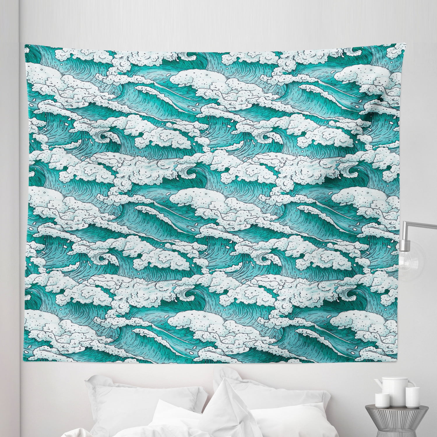 Ocean Blue Tapestry, Aqua Stormy Water Waves and Splashes Cartoon Style ...