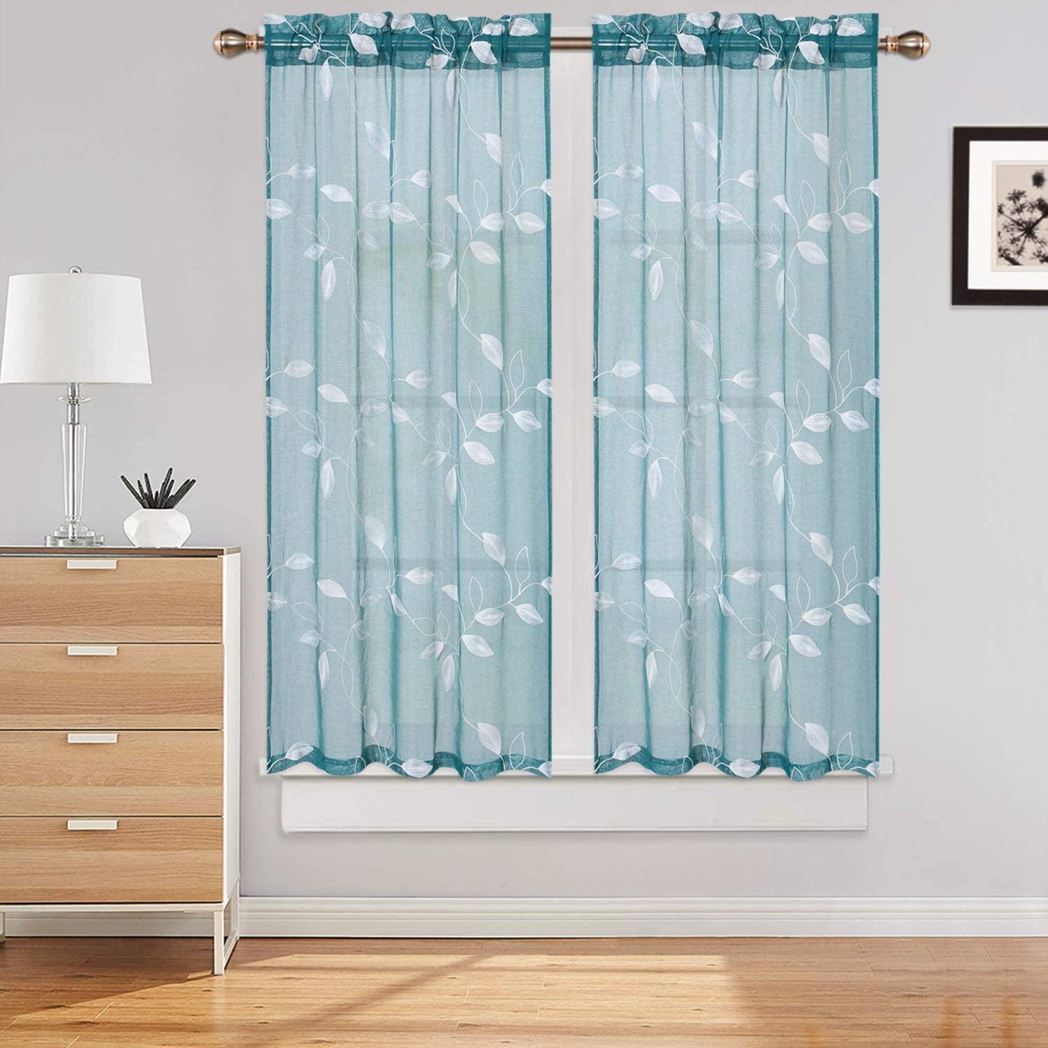 EastVita 2PCS Linen Textured Translucent Sheer Tiers Embroidered Leaves ...